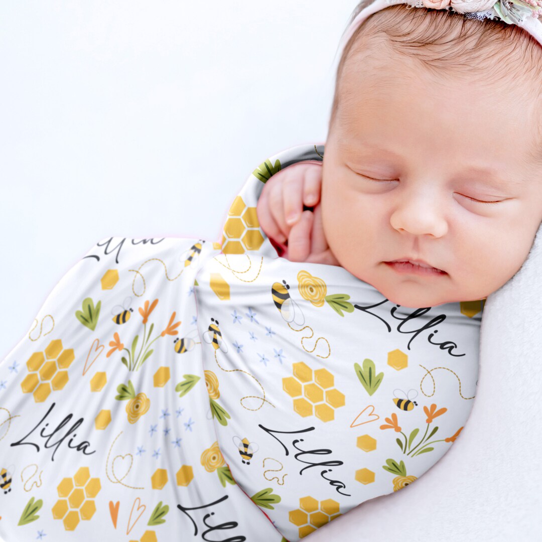 Baby Girl Name Swaddle - Bee Custom Swaddle Wrap Matching Set Headband ...