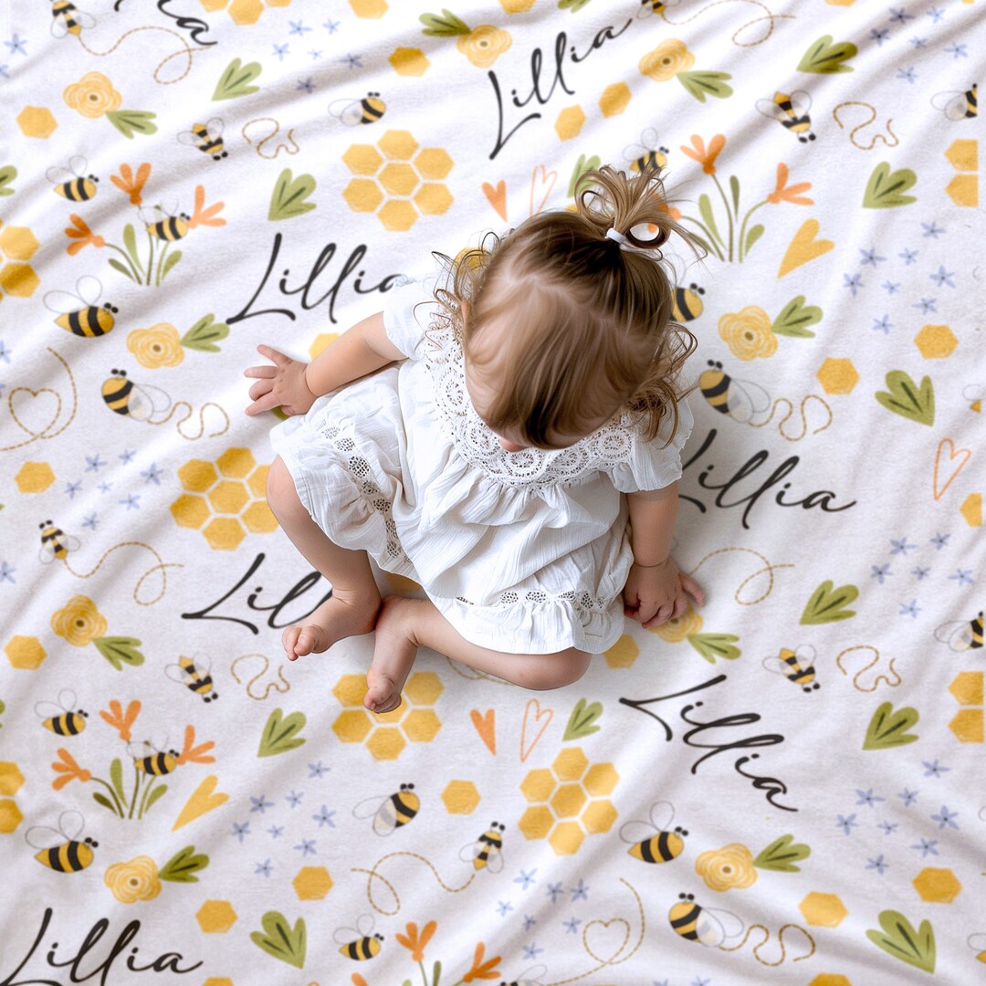 Custom Name Bee Blanket - Cute Bedroom Decor - Toddler - Minky Sherpa ...