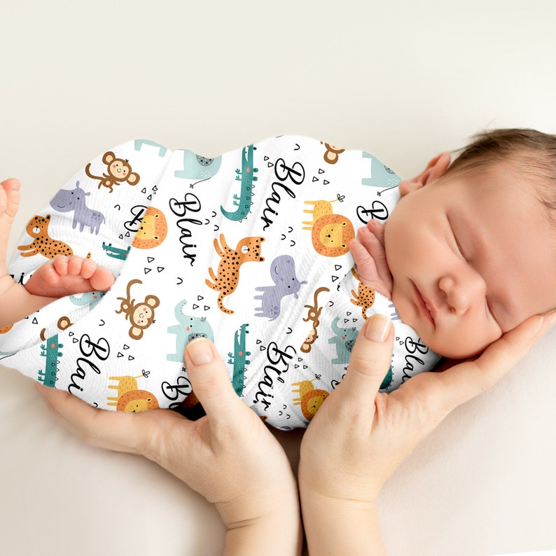 Zoo Animal Baby Name Swaddle Custom Swaddle Matching Set Headband or ...