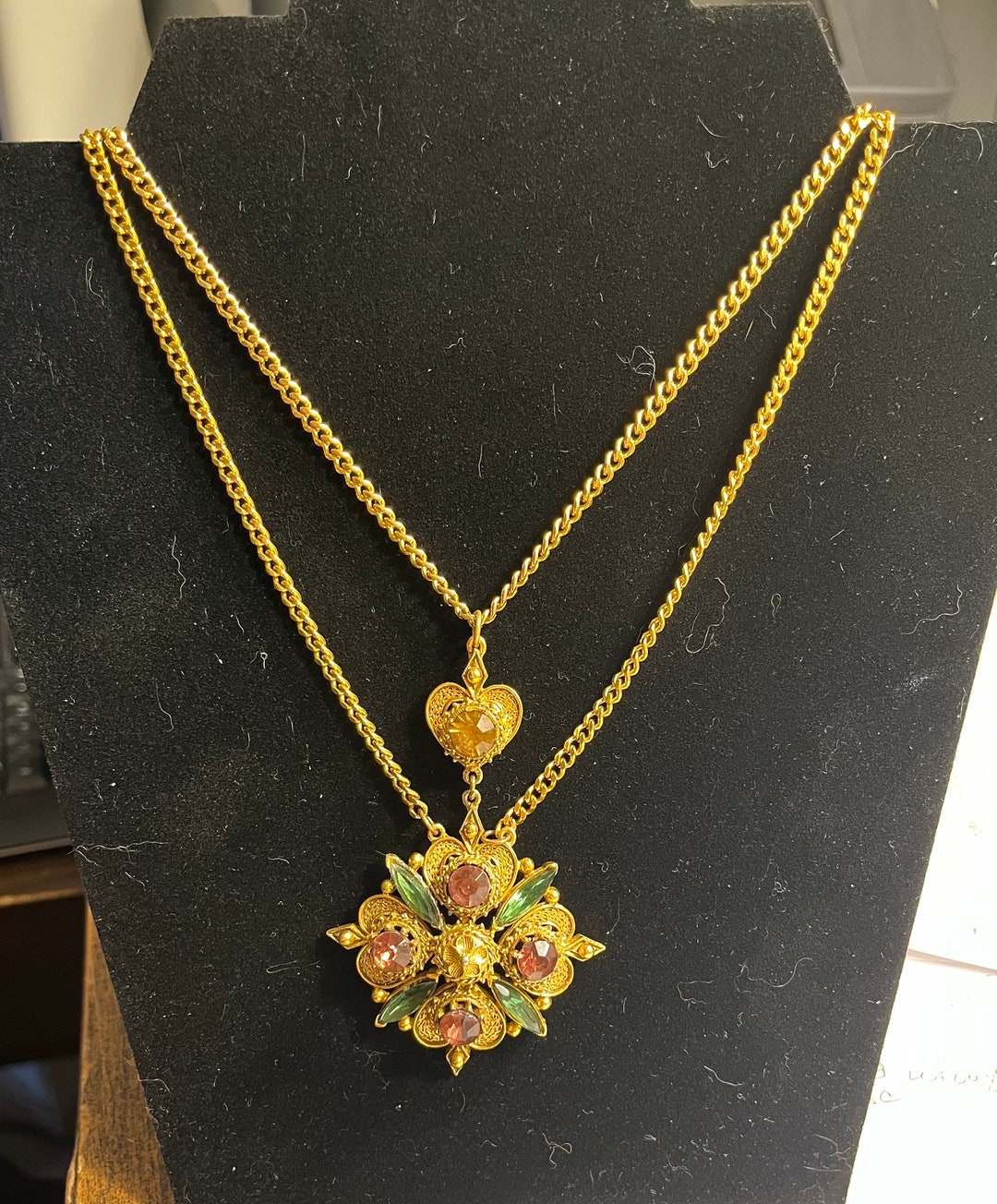 Amazing 1950’s Florenza Double Chain, Double Pendant Necklace, With ...