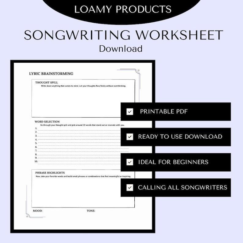 Songwriting Worksheet for Overcoming Writer’s Block | Instant Download ...