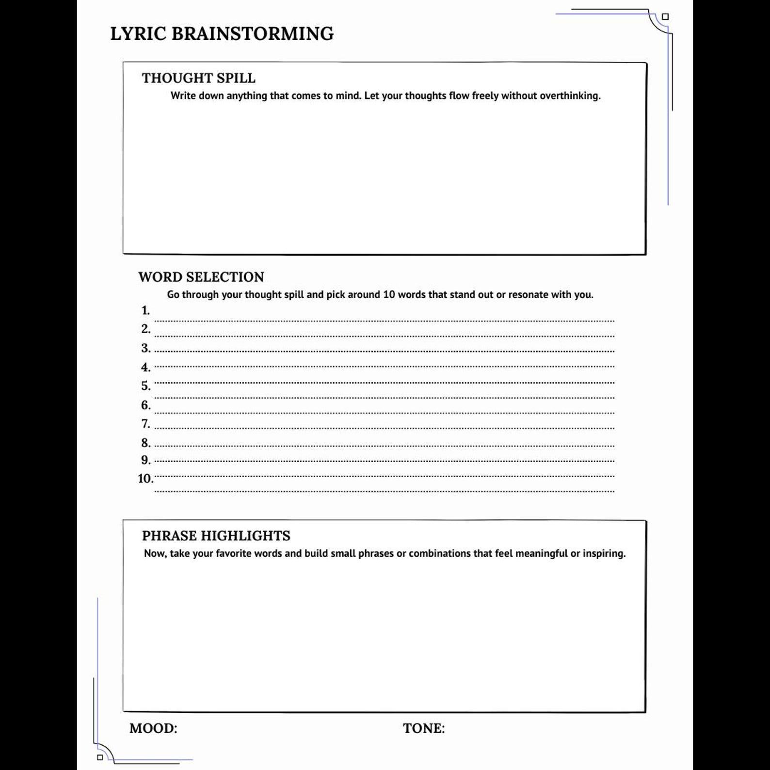 Songwriting Worksheet for Overcoming Writer’s Block | Instant Download ...