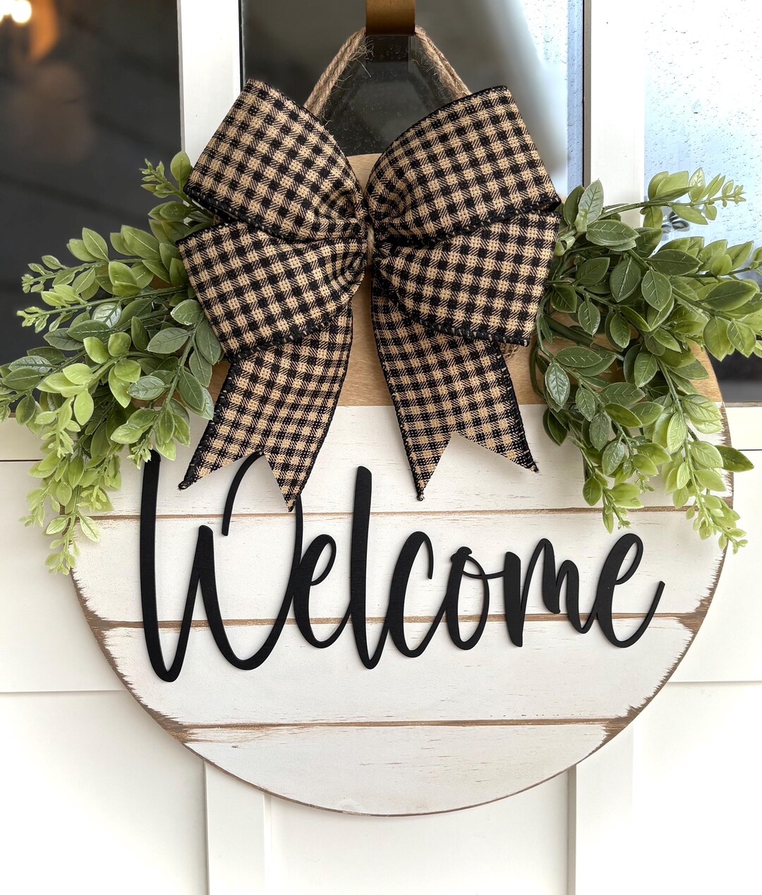 Rustic Welcome Door Hanger: 3D Wood Lettering, Gingham Bow - Etsy