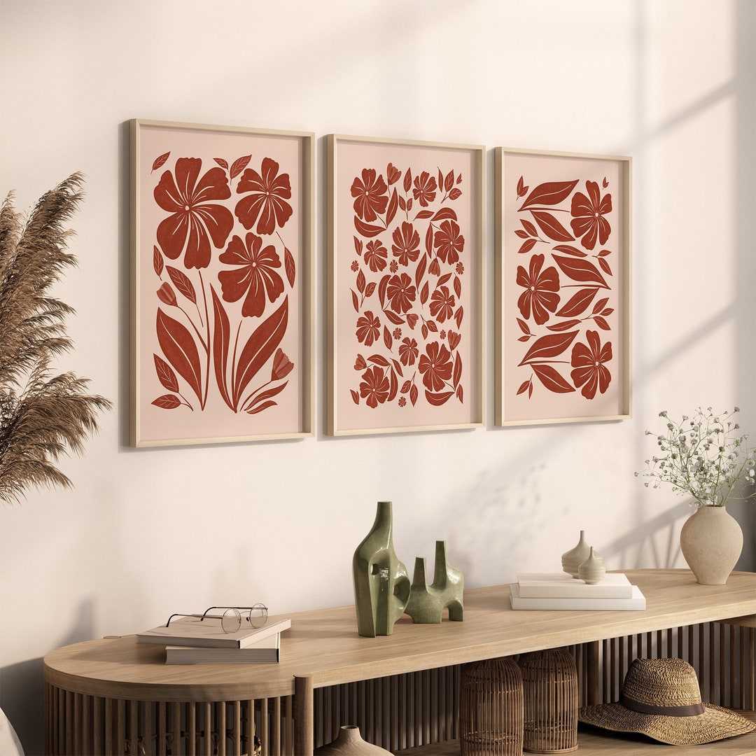 Terracotta Flowers Wall Art Set of 3 Boho Floral Illustrations Gallery ...