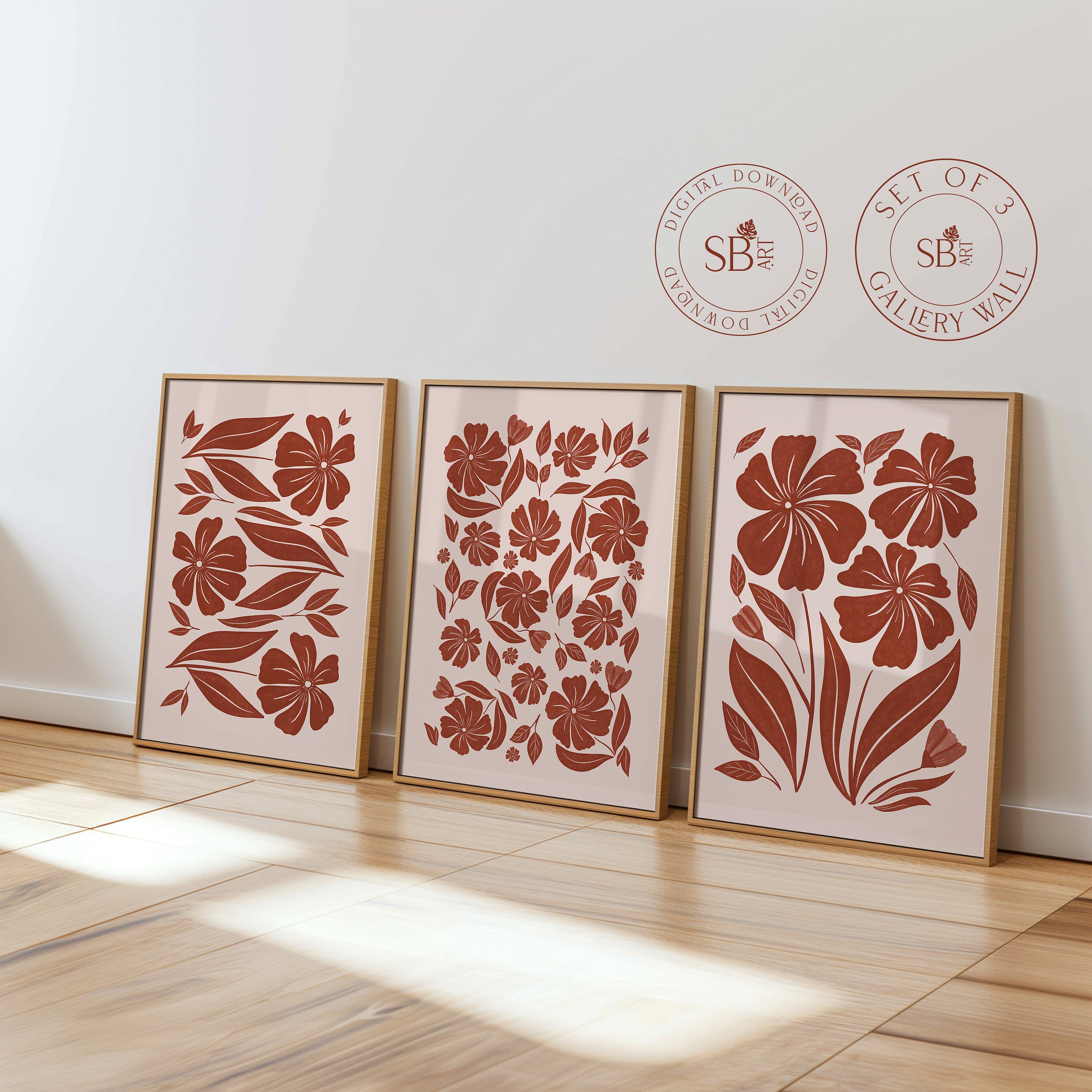 Terracotta Flowers Wall Art Set of 3 Boho Floral Illustrations Gallery ...