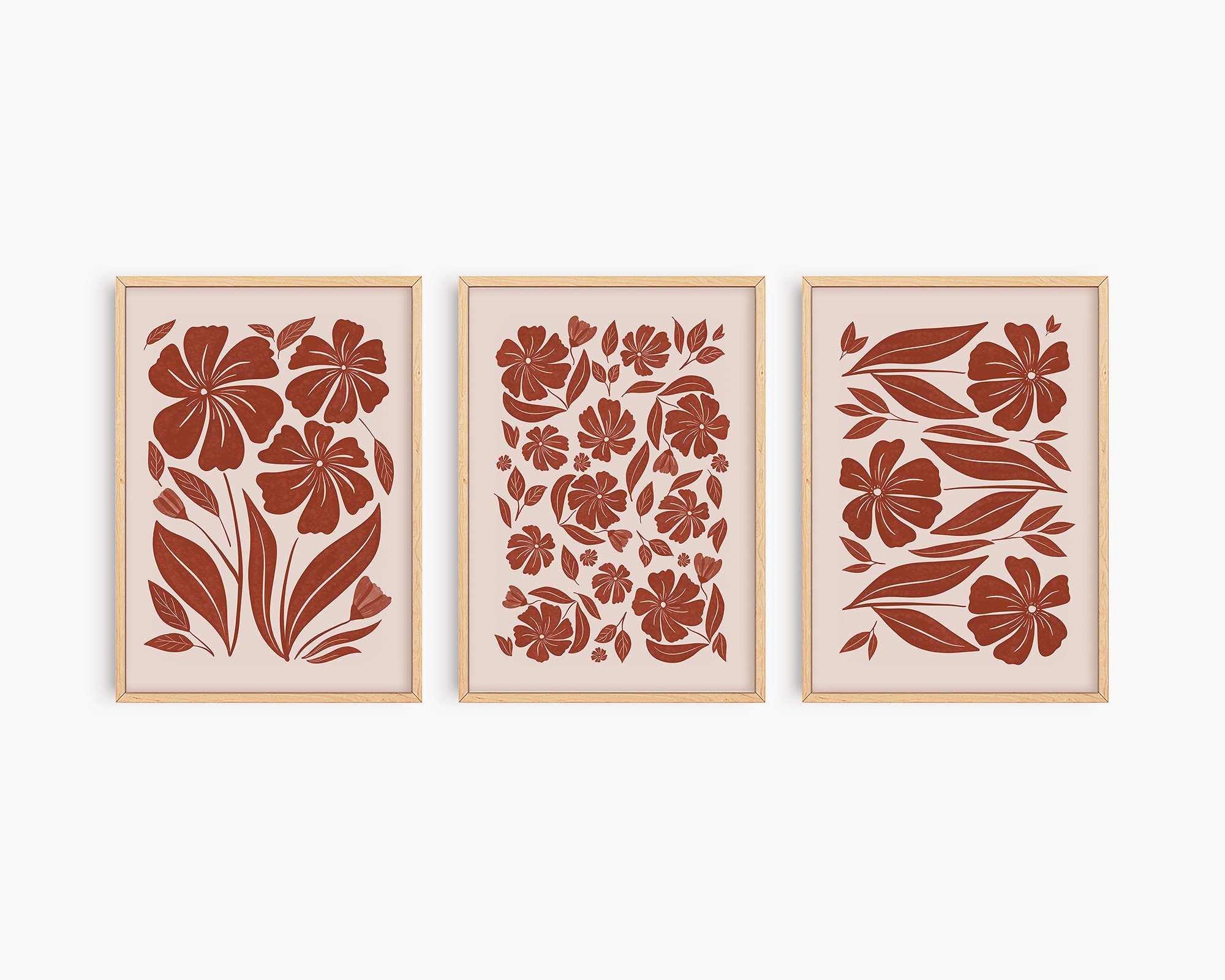 Terracotta Flowers Wall Art Set of 3 Boho Floral Illustrations Gallery ...