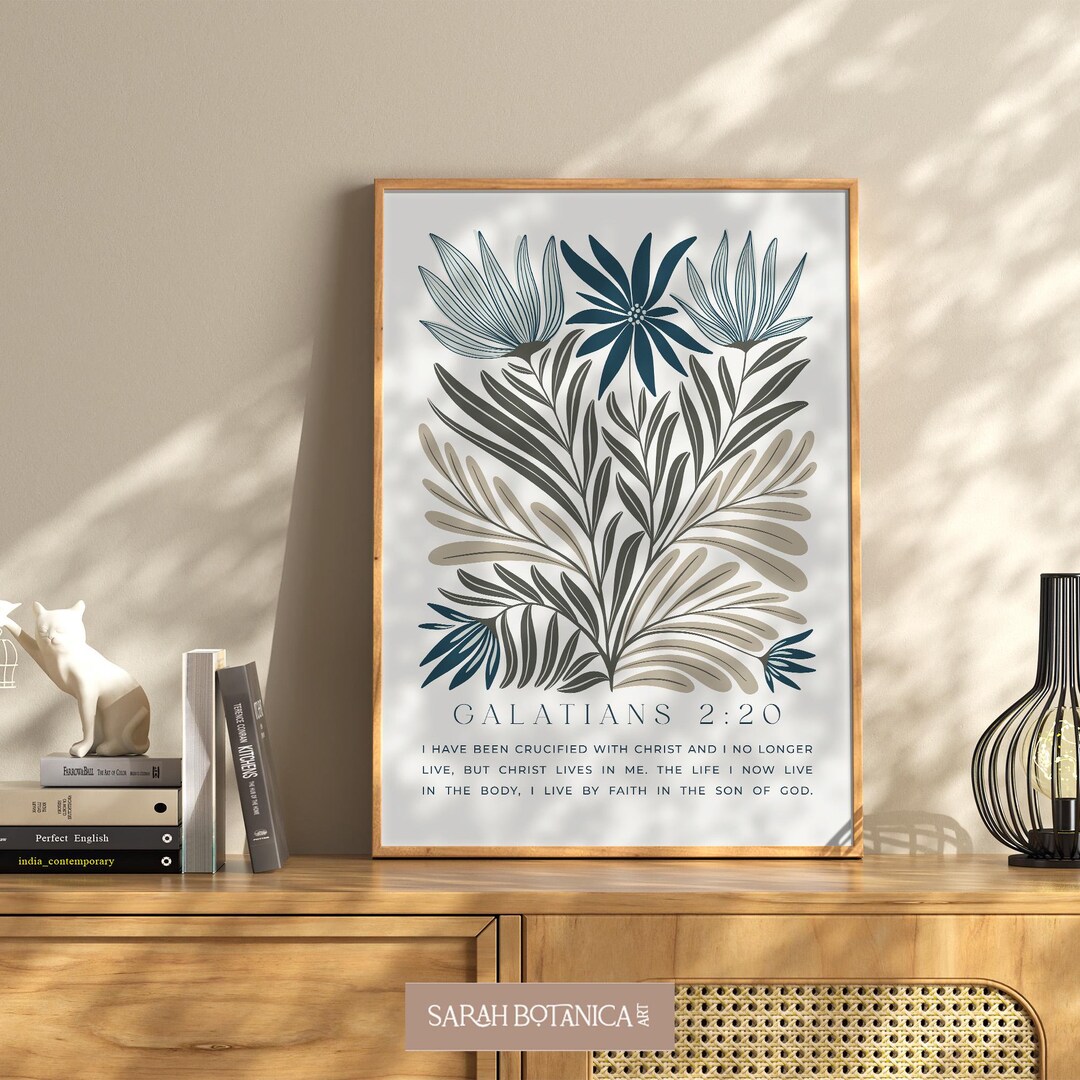 Bible Verse Floral Print Boho Abstract Flowers Wall Art Blue and Beige ...