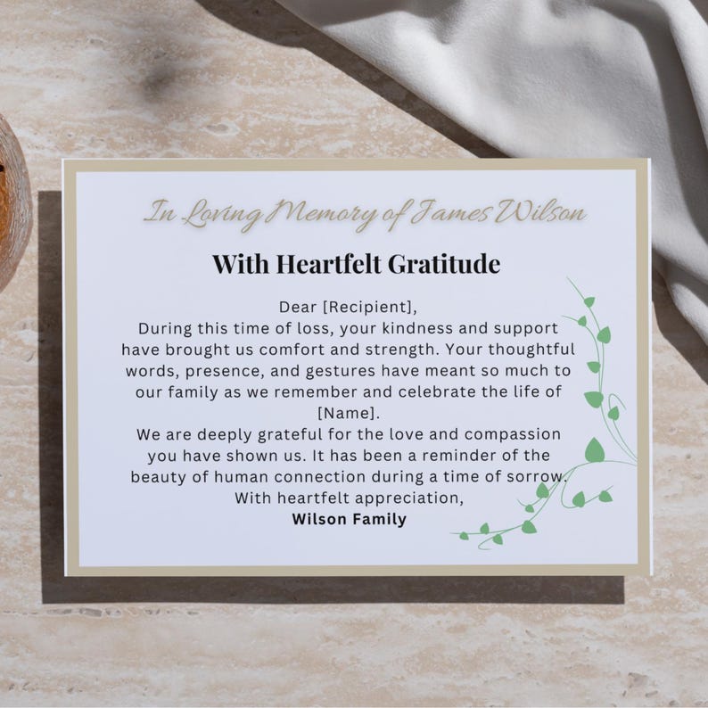 Thank You Card for Funeral Personalized | Editable Memorial Gratitude ...