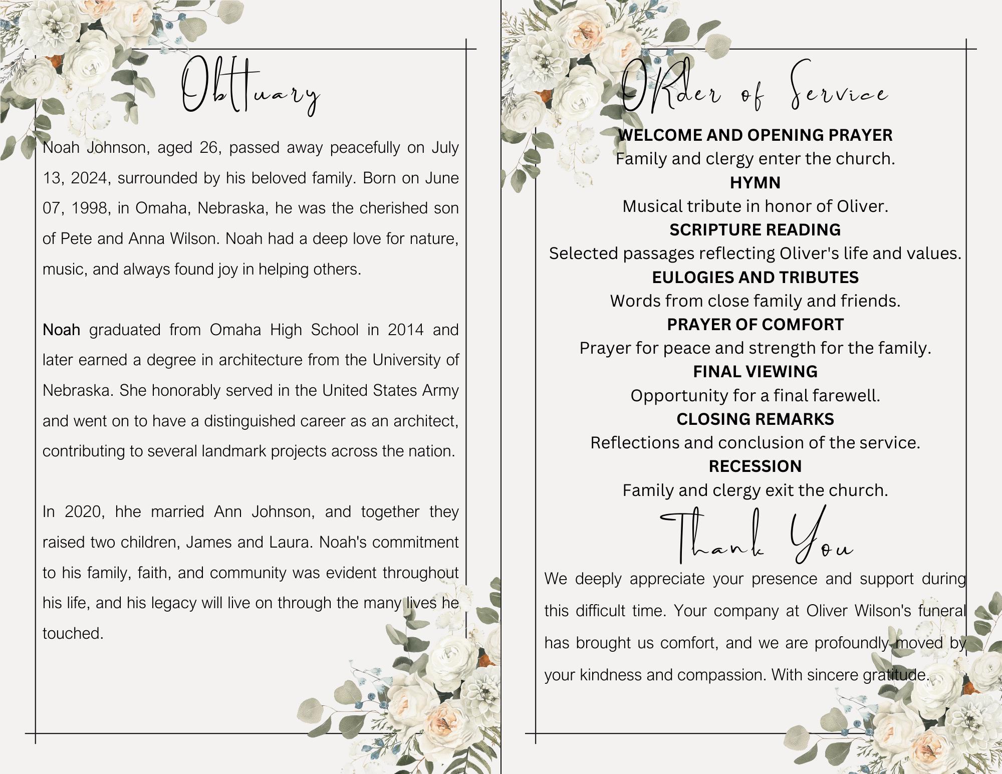 Celebration of Life Program Template - Editable Funeral Service ...