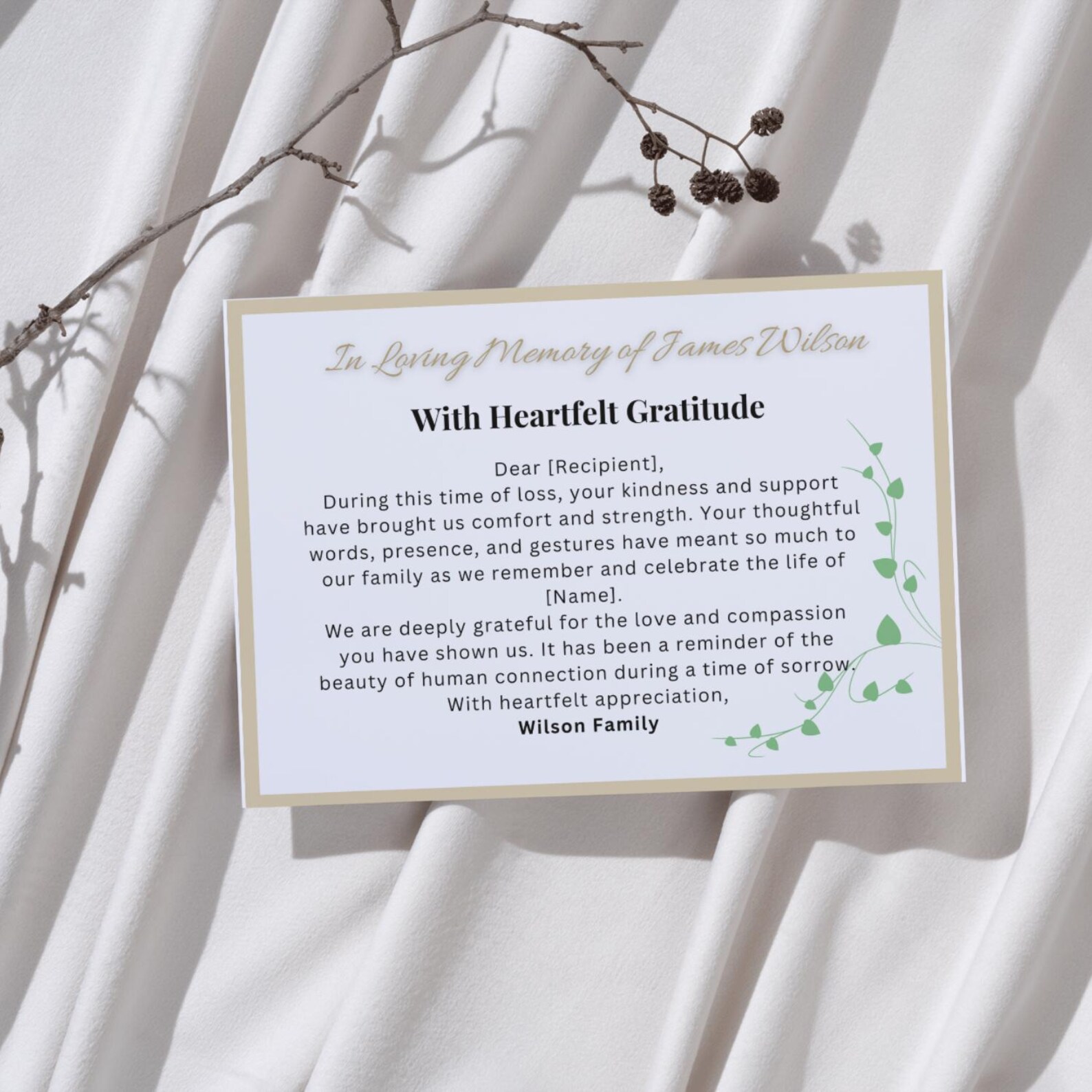 Thank You Card for Funeral Personalized | Editable Memorial Gratitude ...
