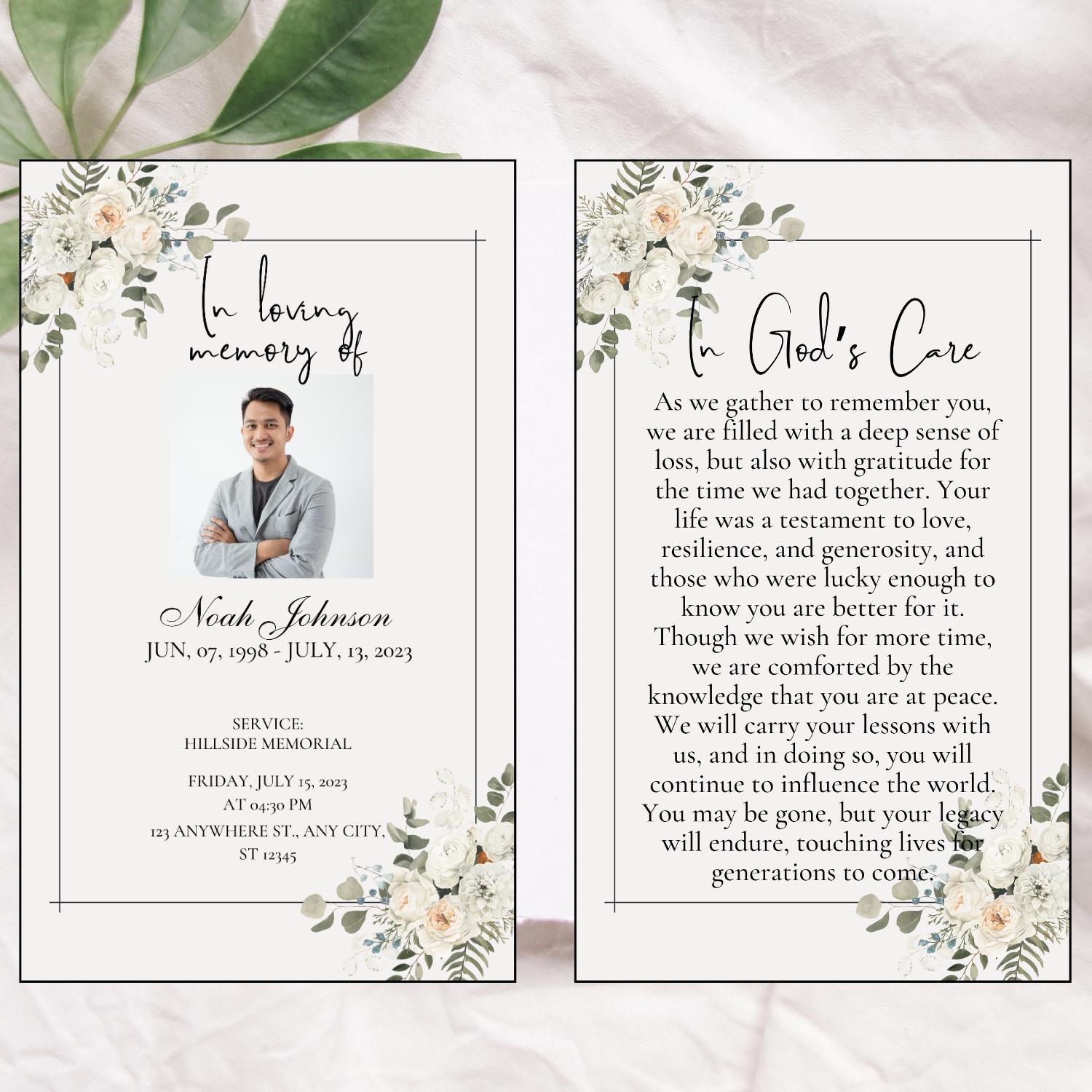 Prayer Cards - Editable Funeral Prayer Card Template for Memorials ...