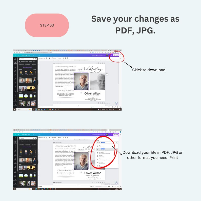 Celebration of Life Program Template - Editable Funeral Service ...