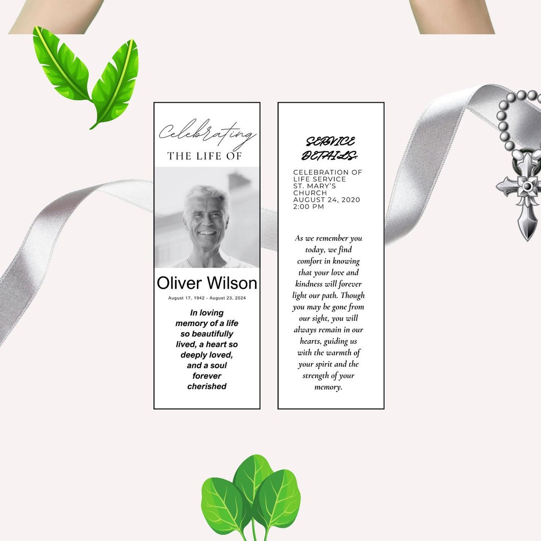 Funeral Bookmark Template Editable Printable Memorial Bookmark Funeral ...