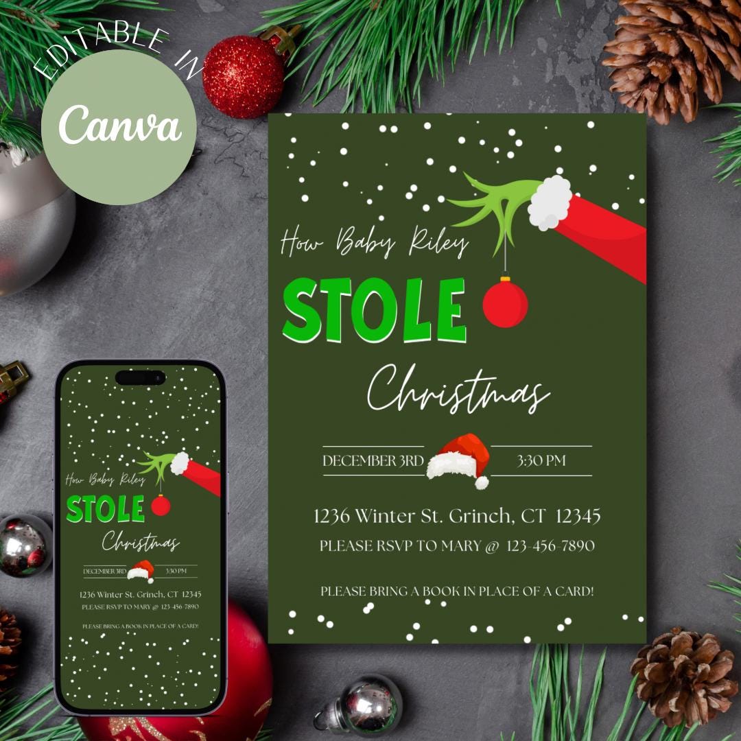 The Grinch How Baby Stole Christmas Baby Shower Invitation Template ...