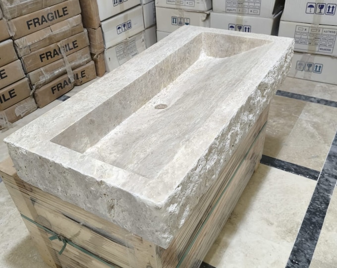 Travertine Split Face Marble Sink, Rustic Design, Ramp Drain Marble ...
