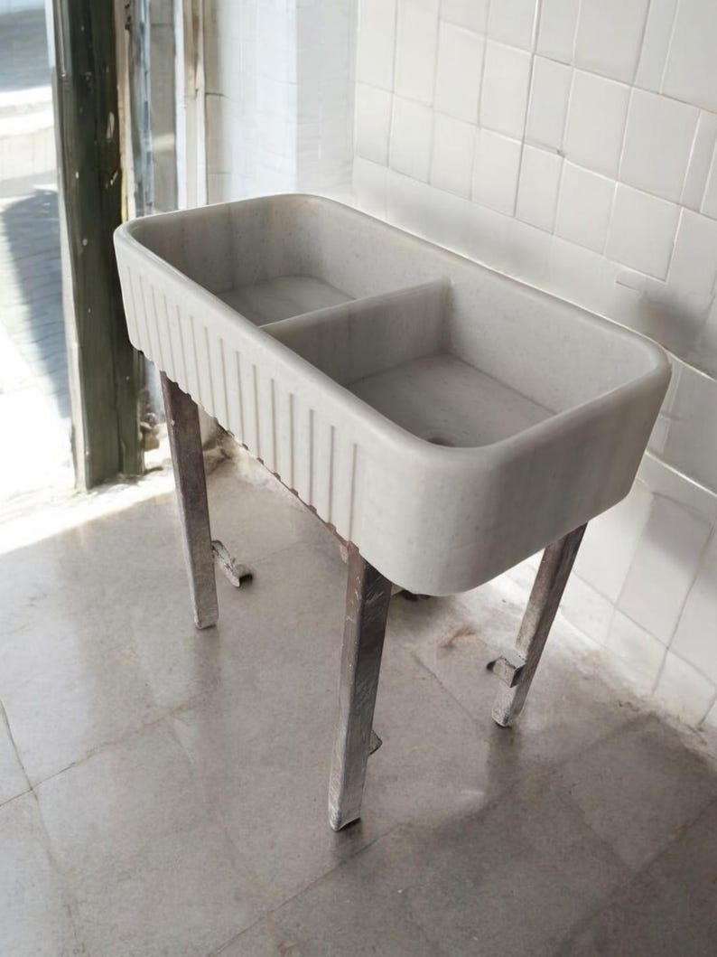 Rustic Carrara Marble Sink, 18x36x8 Double Basin Utility Sink, Vintage ...