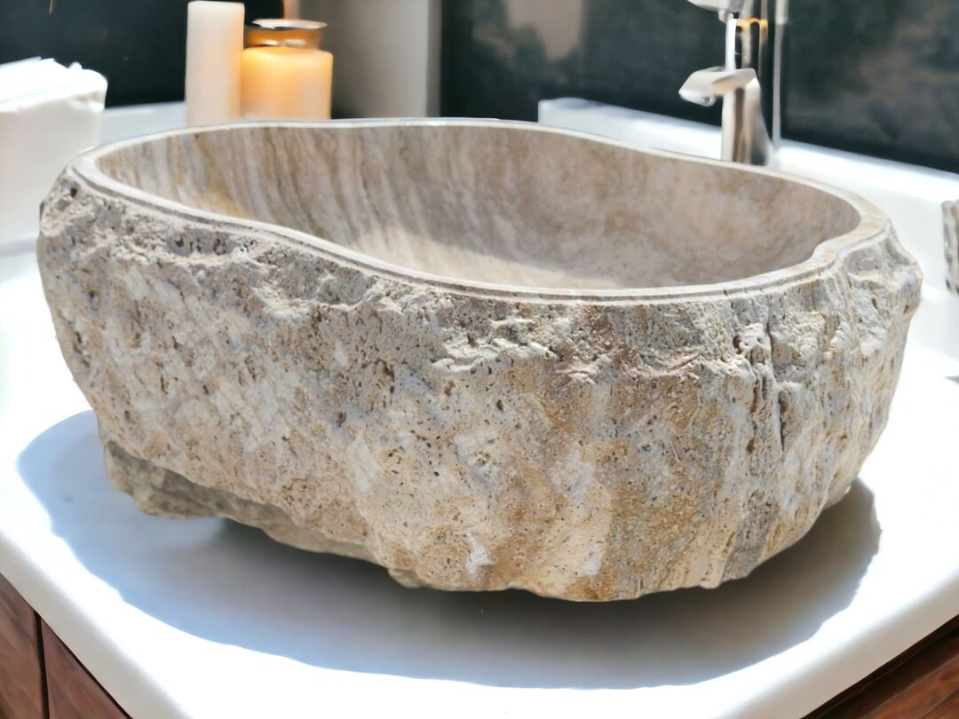 Travertine Split Face Sink Rustic Natural Stone Vessel Sink Handcrafted ...