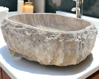 Natural Stone Sink - Rustic Travertine Marble - Hand Carved Vessel Sink ...