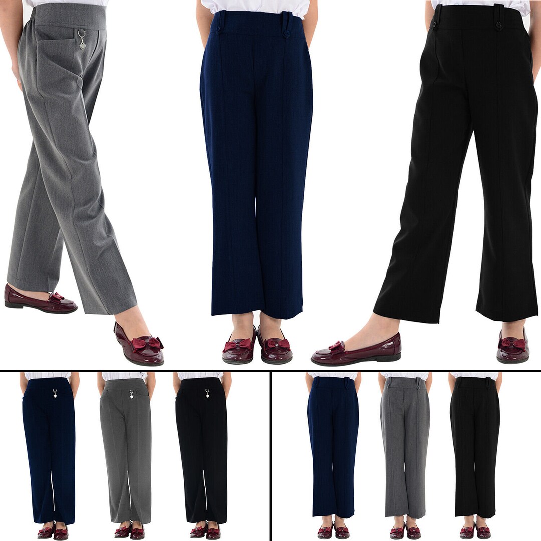 Girls Pull up School Trousers Half Elasticated Waist Uniform Plain ...