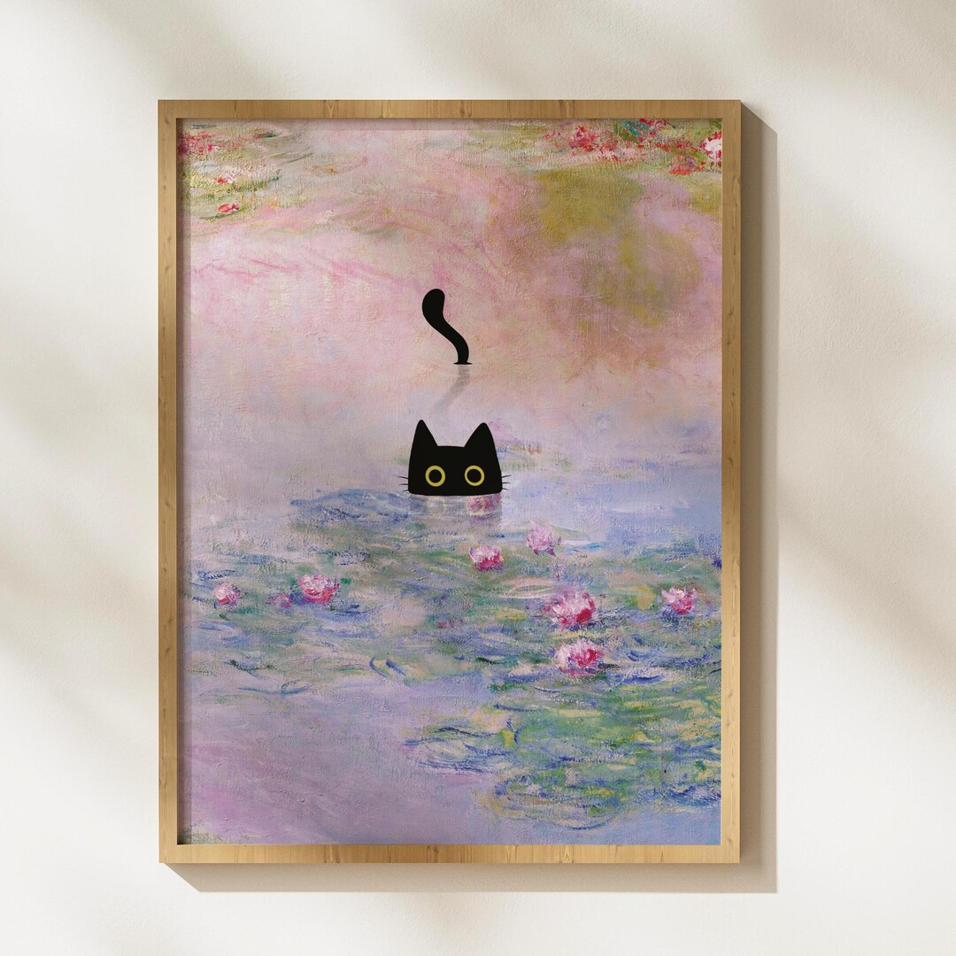 Monet Waterlily Cat Print, Claude Monet Cat Poster, Cat Art, Floral ...