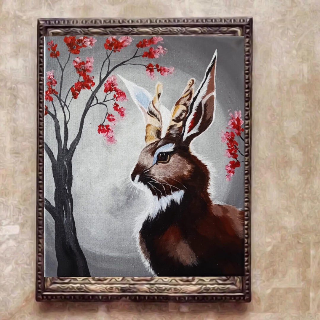 Moon Gazing Jackalope & Cherry Blossom Art Print, Hand Painted Cryptid ...