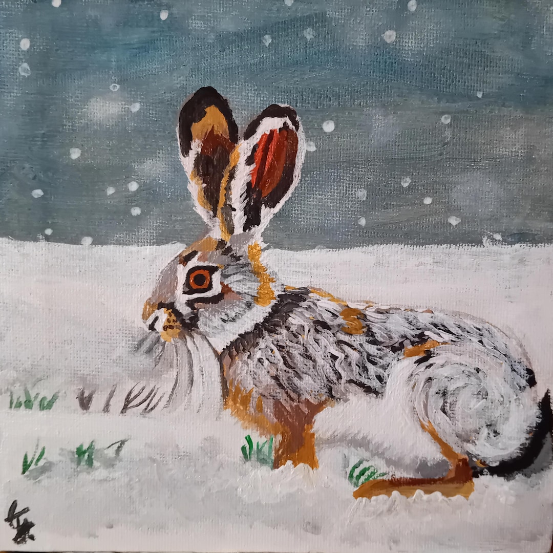 Hare Acrylic Painting, Original Wildlife in Winter Landscape Portrait ...