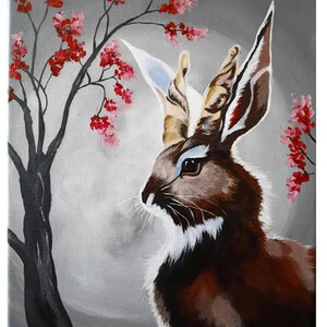 Moon Gazing Jackalope & Cherry Blossom Art Print, Hand Painted Cryptid ...