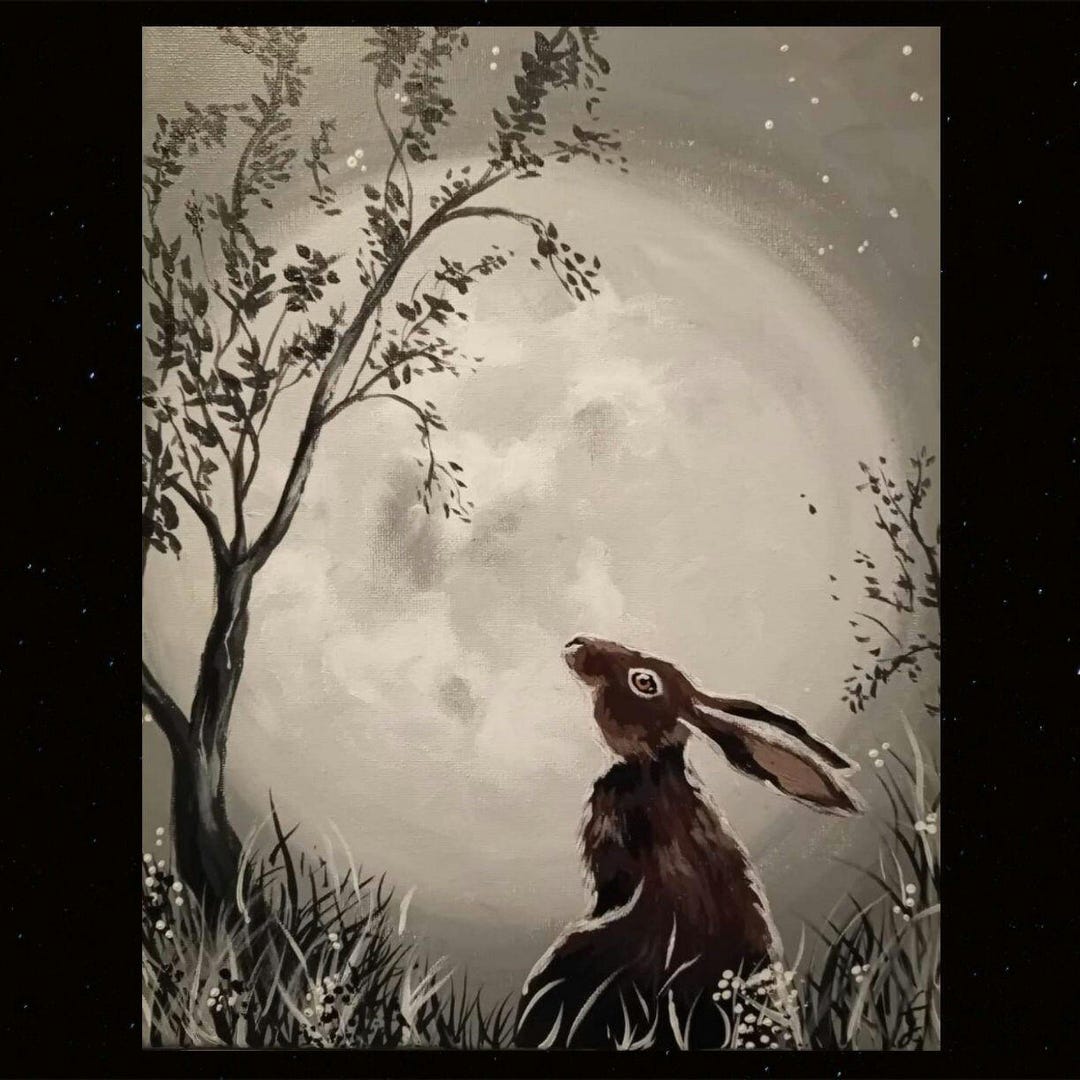 Moon Gazing Hare Artwork Print: Hand Painted Celestial Wildlife Wall ...