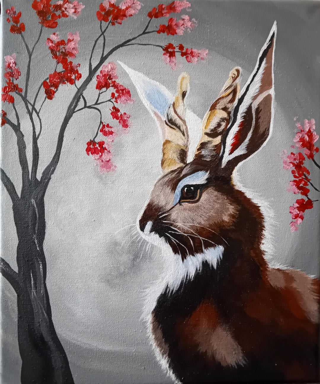 Moon Gazing Jackalope & Cherry Blossom Acrylic Painting, Hand Painted ...