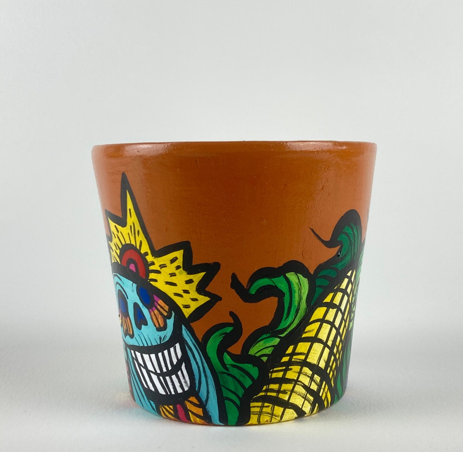 Painted Terracotta Pot, Southwestern Style. Skulls and Desert Flowers ...