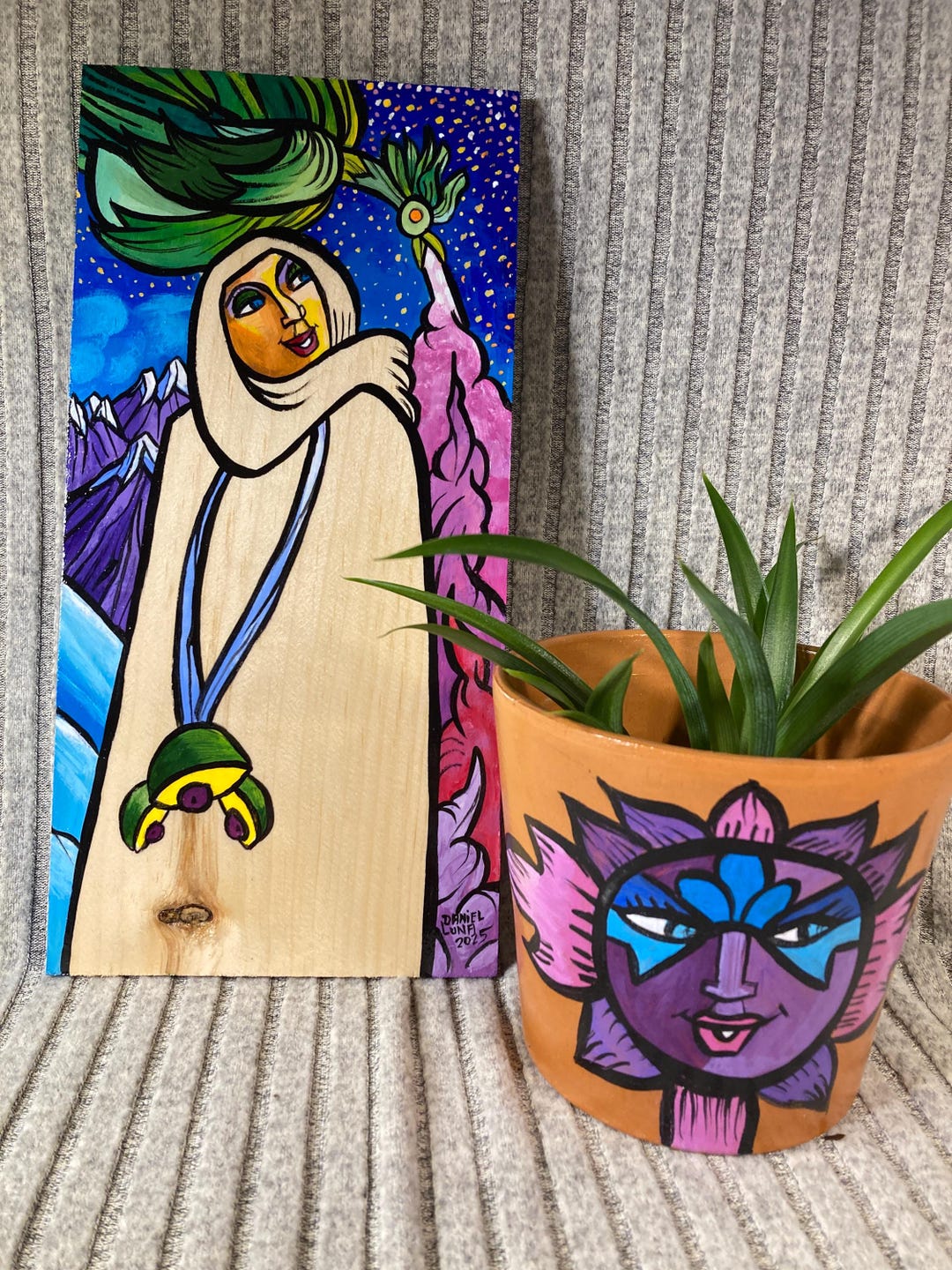 Daniel Luna Hand-painted Art Set: Southwest Woman & Purple Sun Pottery ...