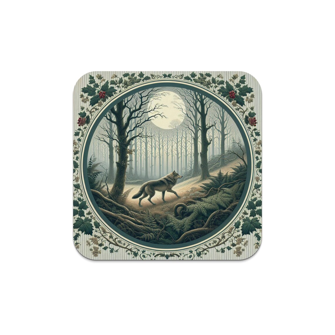 Wolf in Moonlit Forest Coaster, Nature Inspired Drink Coaster, Rustic ...