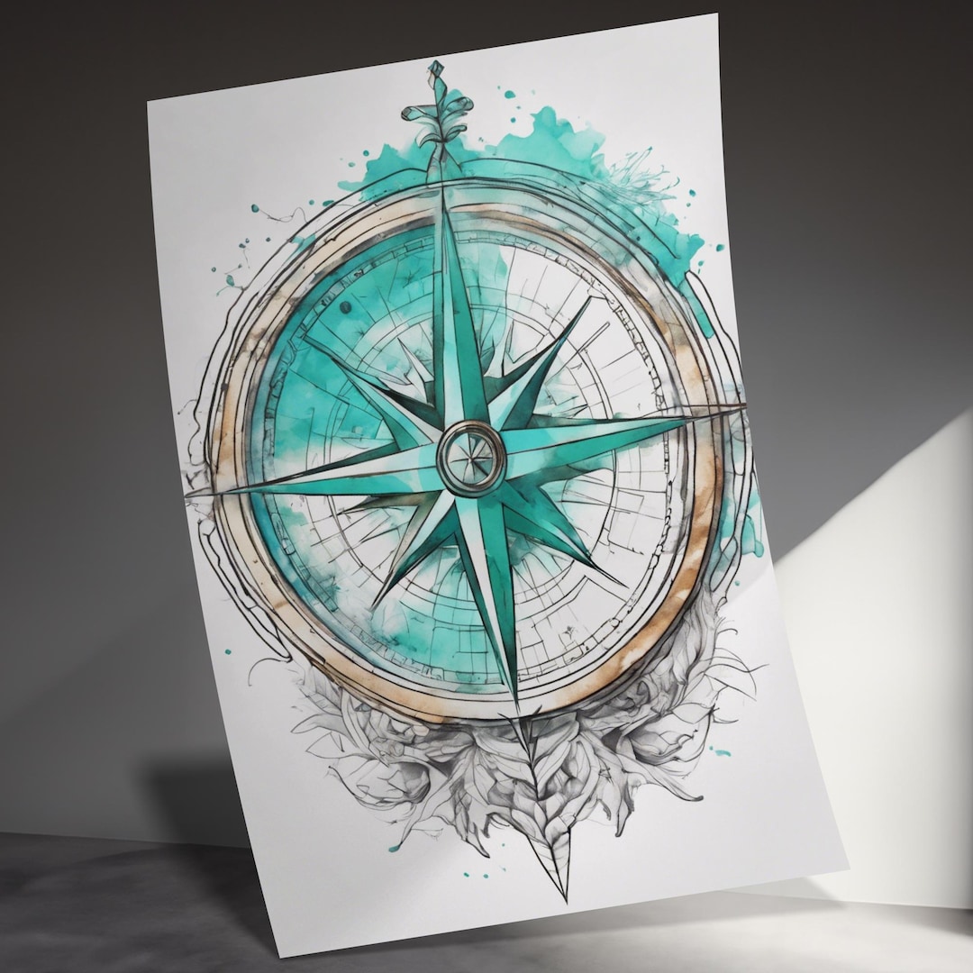 Nautical Compass Wall Art, Teal and White Compass Art Print, Modern ...
