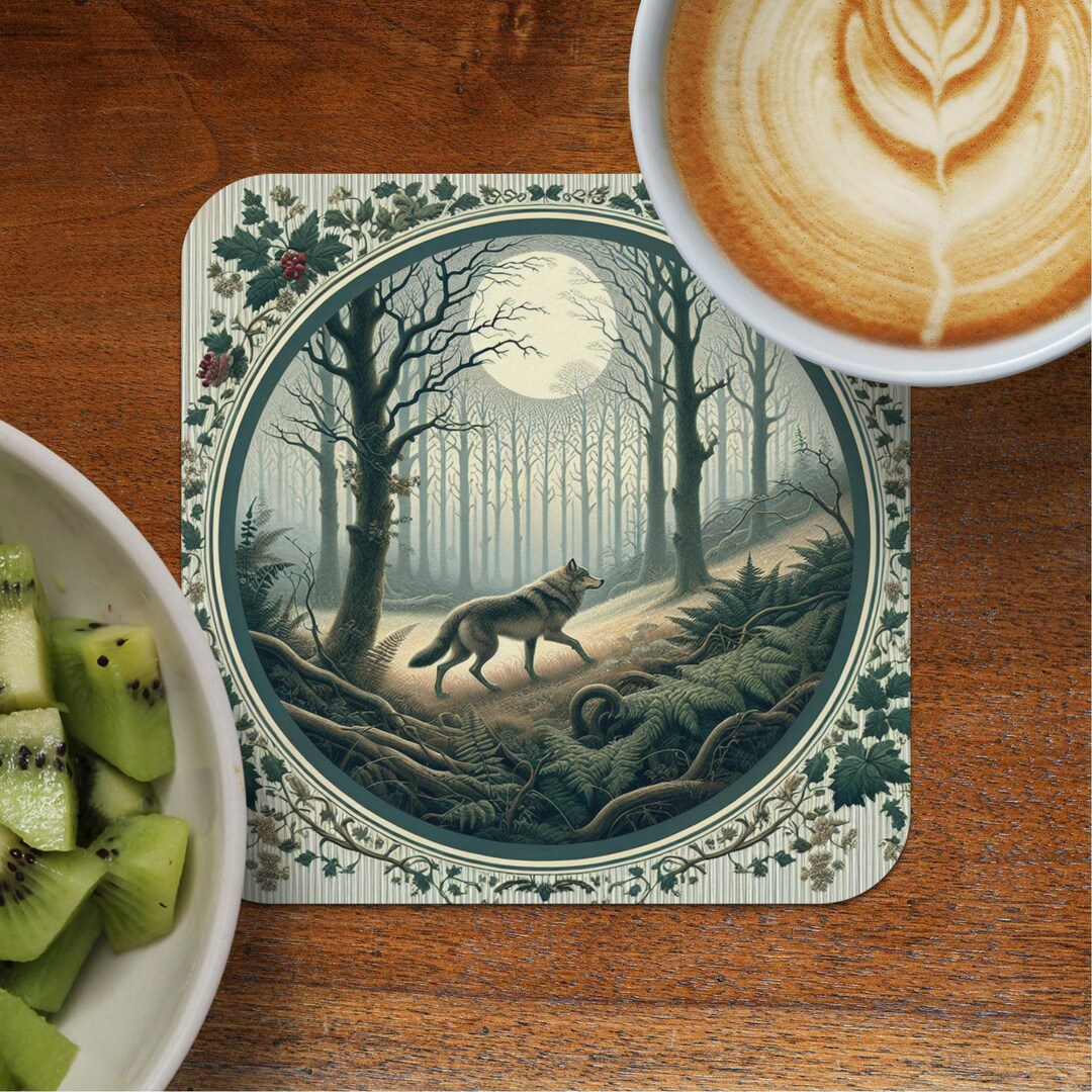 Wolf in Moonlit Forest Coaster, Nature Inspired Drink Coaster, Rustic ...