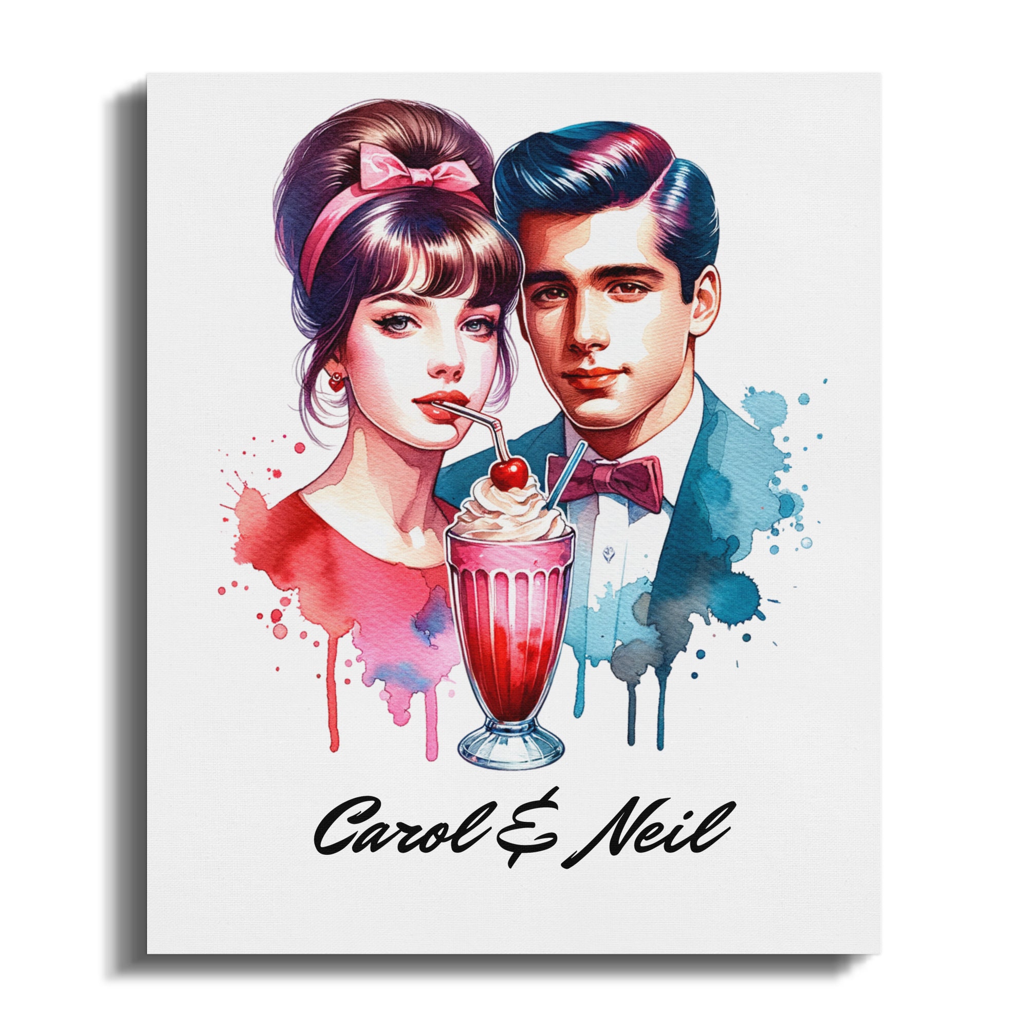 Vintage Retro Couple Wall Art, Customizable Canvas Print, Watercolor ...