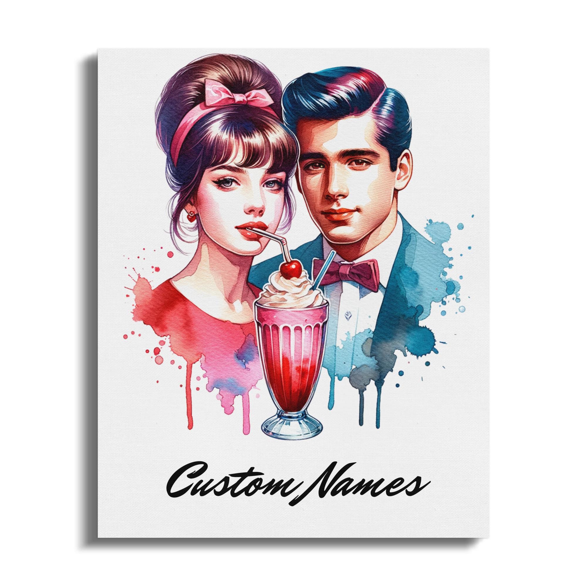 Vintage Retro Couple Wall Art, Customizable Canvas Print, Watercolor ...