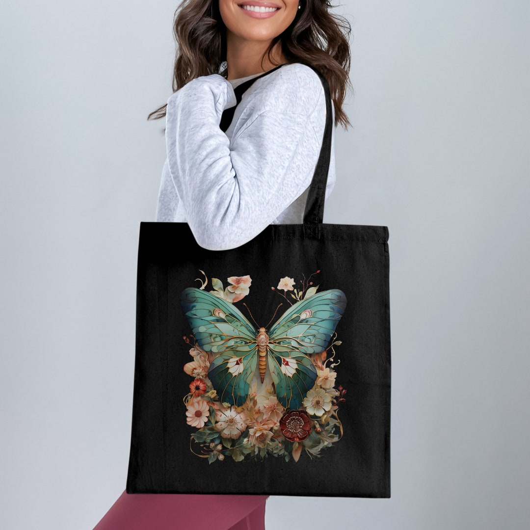 Artistic Moth Floral Tote Bag, Nature Inspired Handbag, Unique Insect ...
