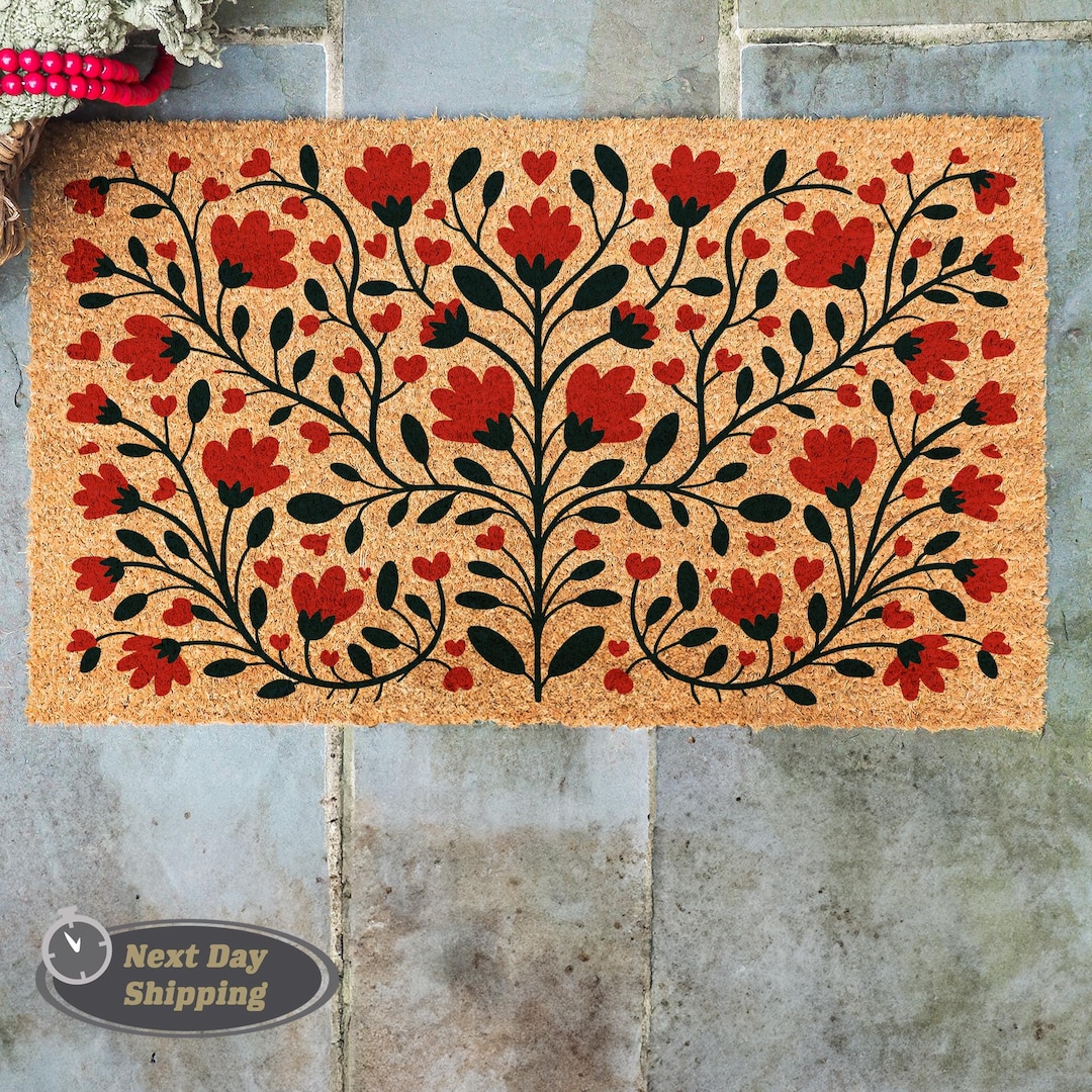Folk Floral Doormat, Heart Pattern Welcome Mat, Rustic Doormat, Boho ...