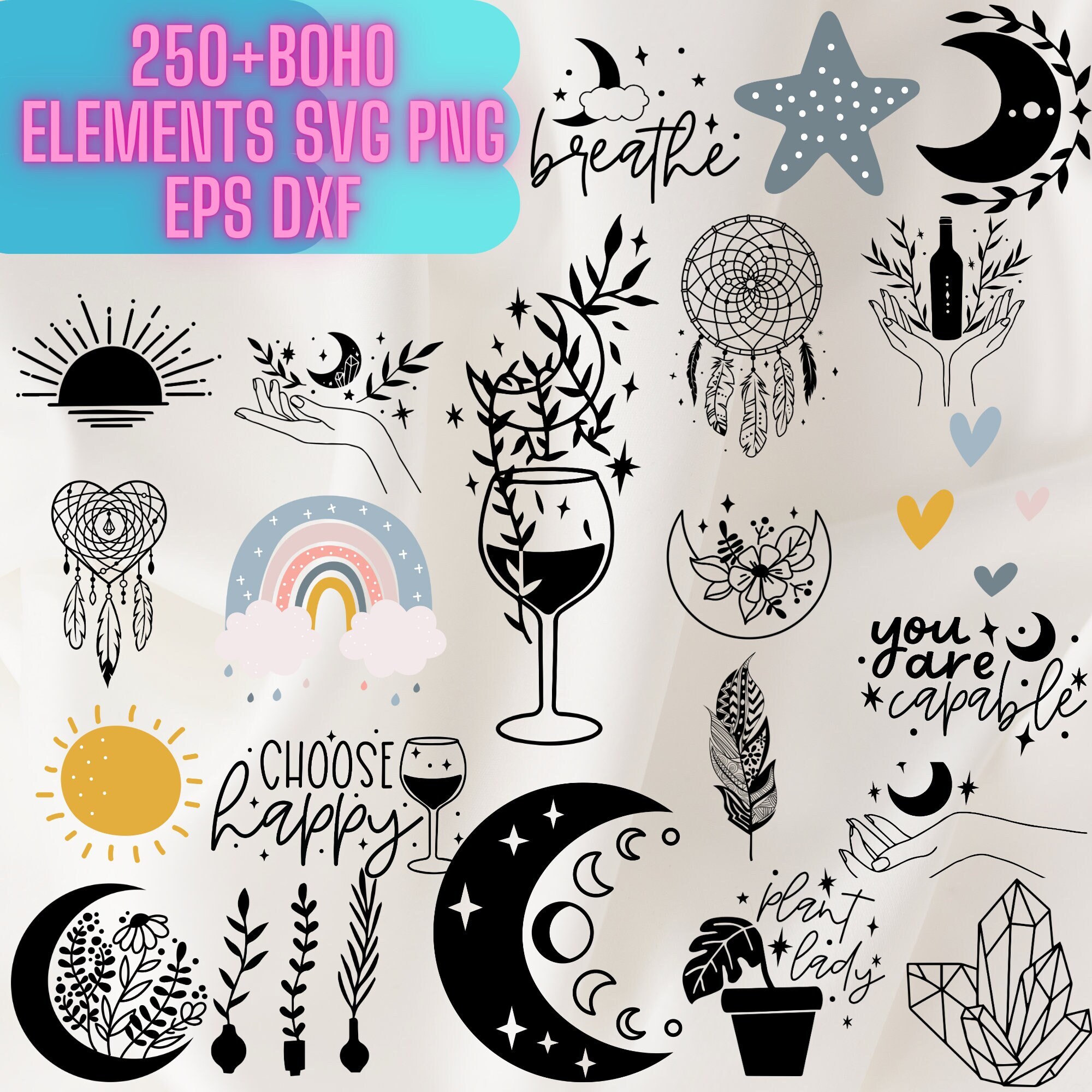 Boho Svg Bundle, Boho Style Clipart, Boho Feather Svg, Boho Moon Svg ...