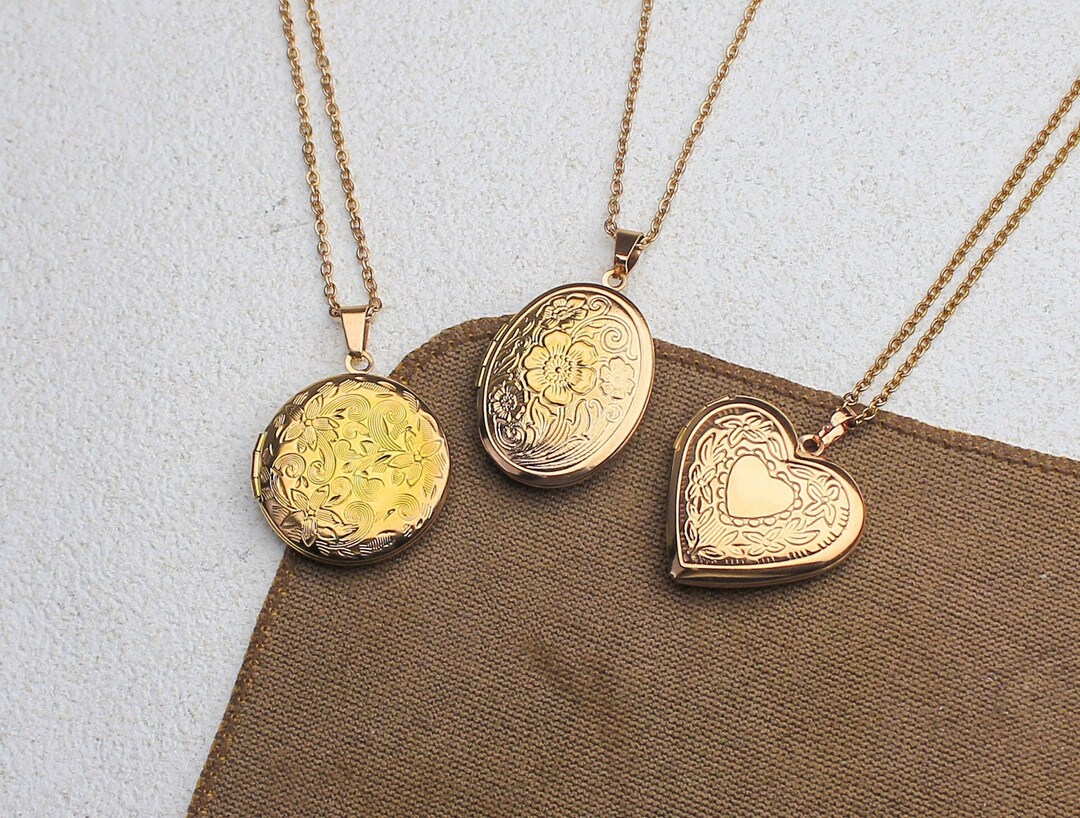 18K Vintage Custom Photo Locket Necklace With Photo, Heart Locket ...