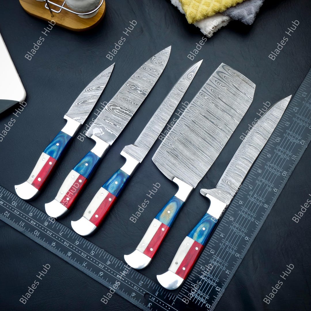 Damascus Steel Chef Knife Set Hand Forged Kitchen Knives, BBQ Kitchen ...