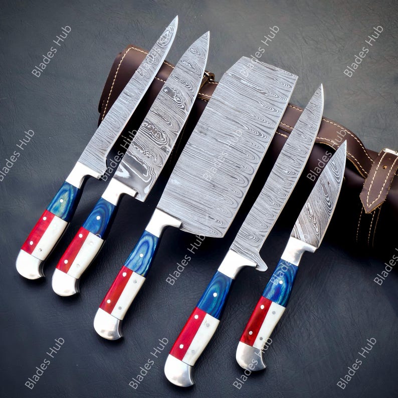 Damascus Steel Chef Knife Set Hand Forged Kitchen Knives, BBQ Kitchen ...