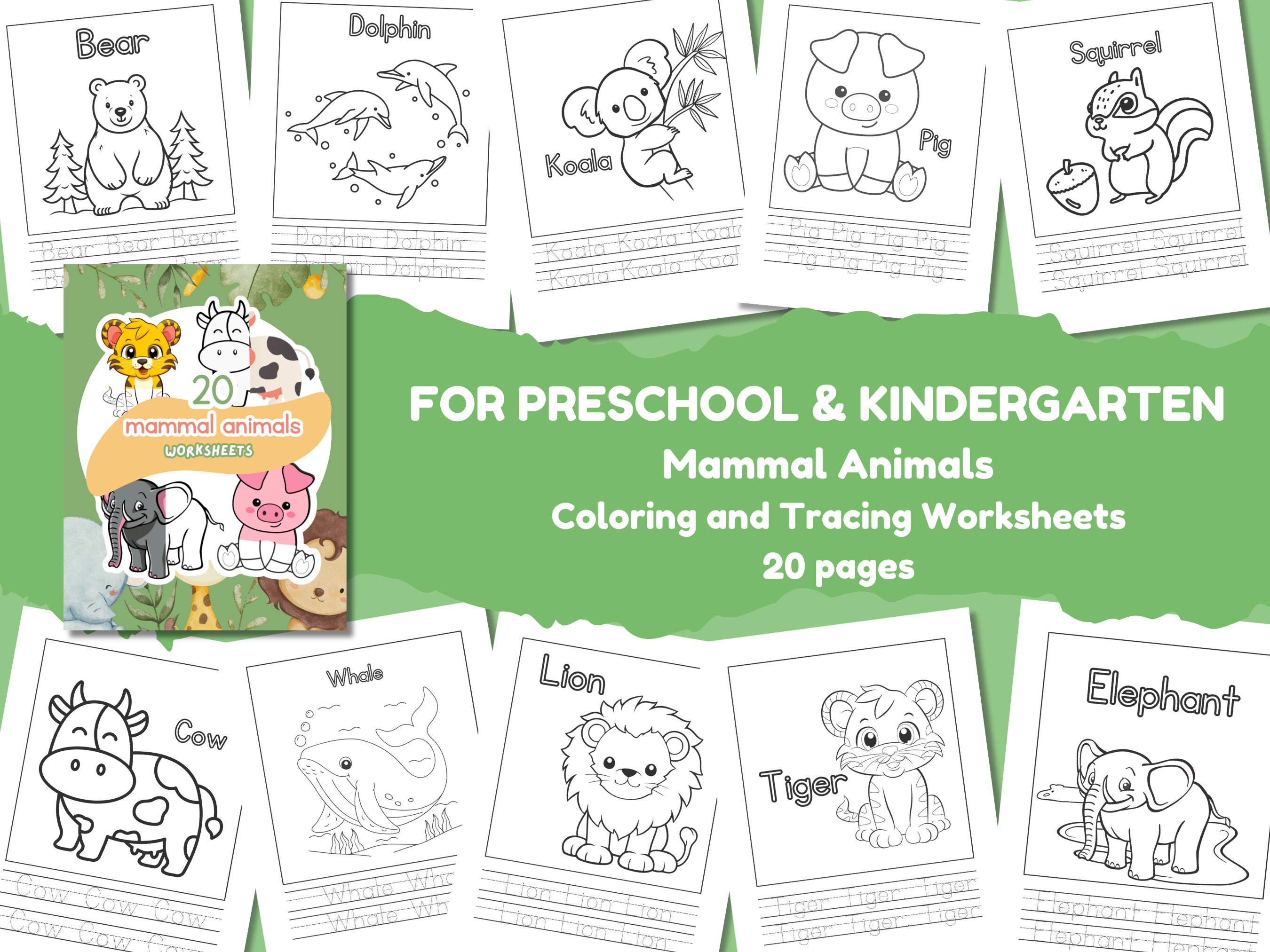 Fun Mammal Coloring Tracing Worksheets Educational Activity for ...