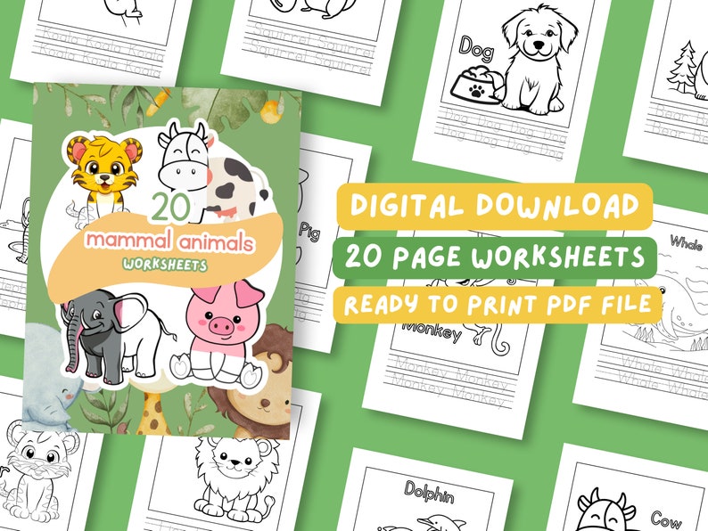 Fun Mammal Coloring Tracing Worksheets Educational Activity for ...