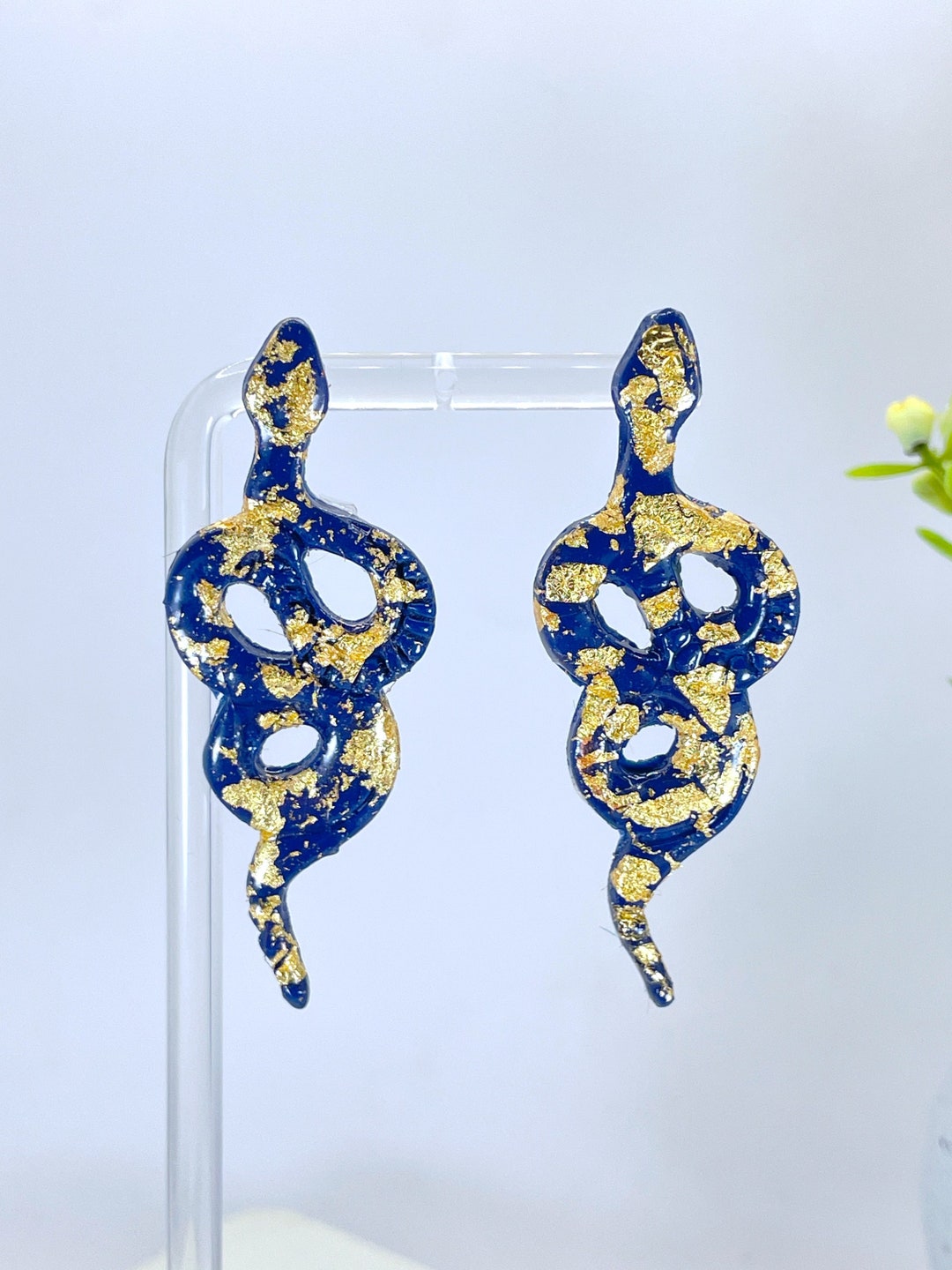 Navy Blue Snake With Gold Foil Polymer Clay Drop Earrings ...