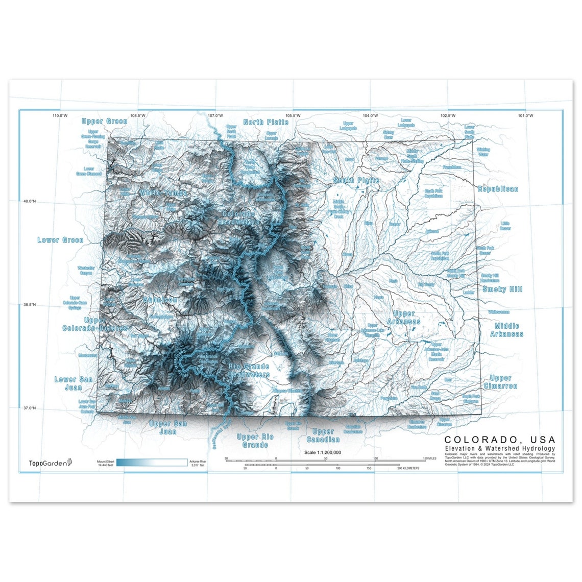 Colorado, USA Hydrologic Map - Etsy