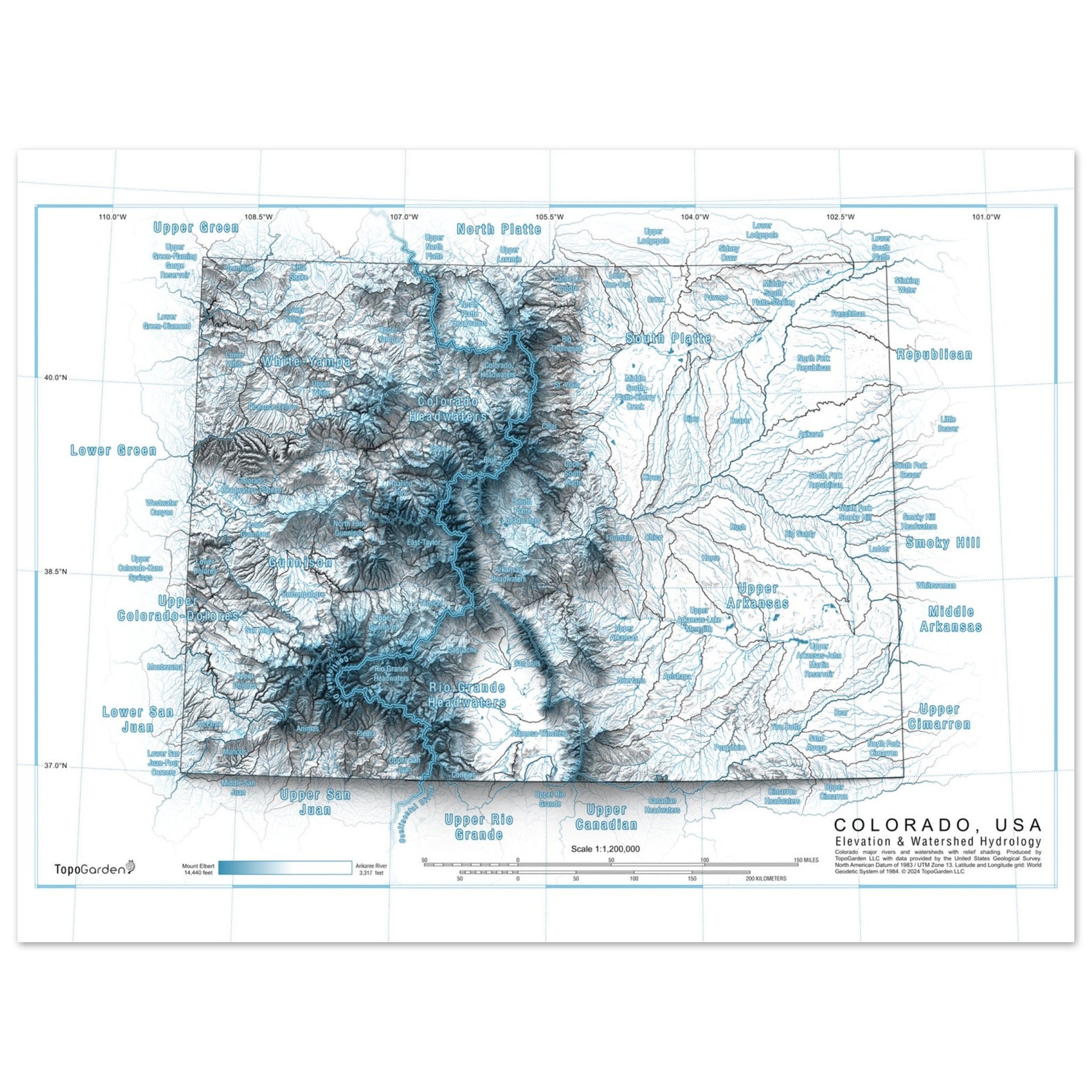 Colorado, USA Hydrologic Map - Etsy