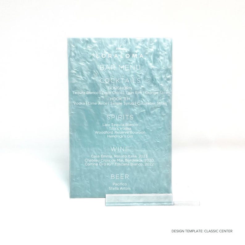Light Blue Pearl Acrylic Bar Menu | Elegant Wedding Bar Menu ...