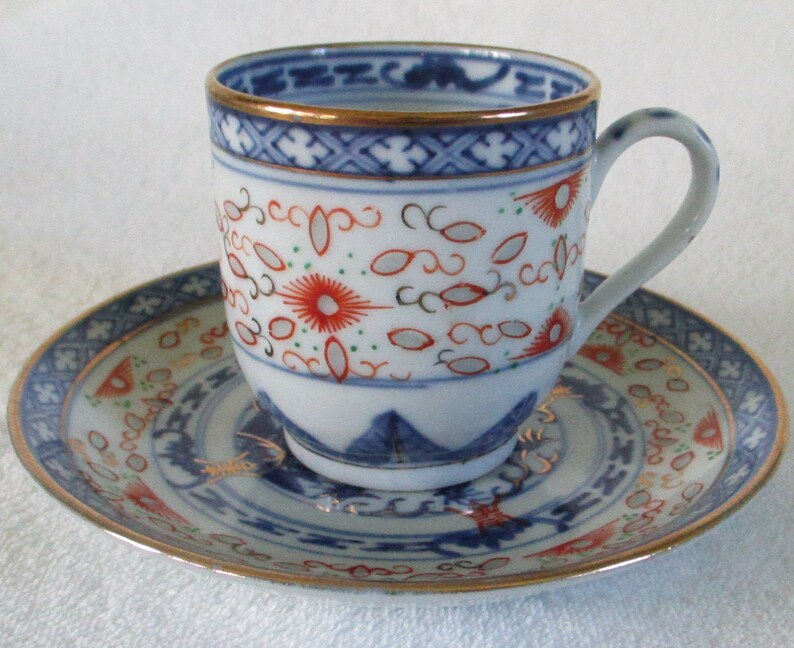 Antique Chinese Rice Grain Pattern Signed Demitasse Cup/saucer Blue/red ...