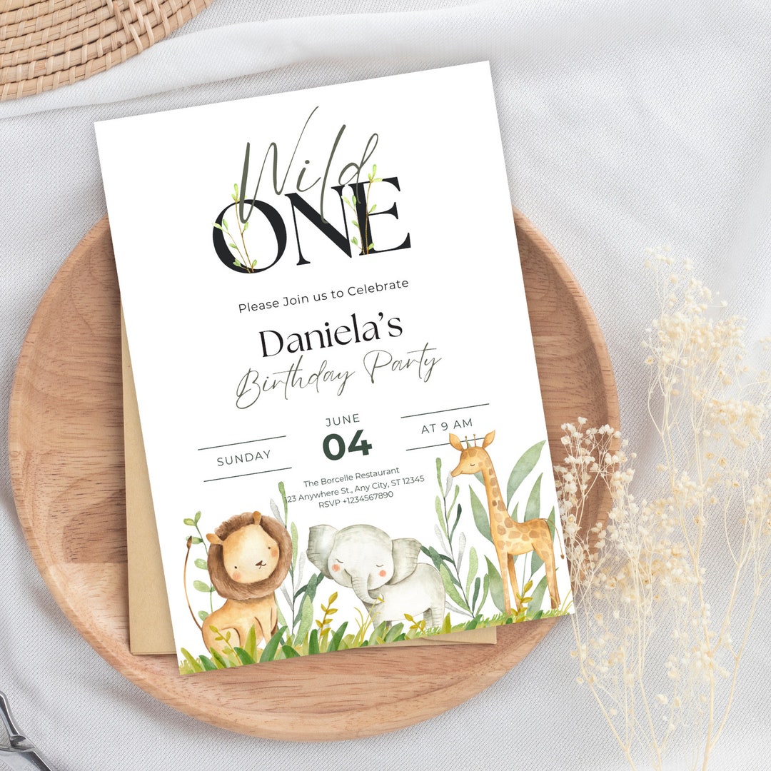 Editable Wild One Print Jungle Birthday Party Invitation. Girl or Boy One 1st Birthday Party ...